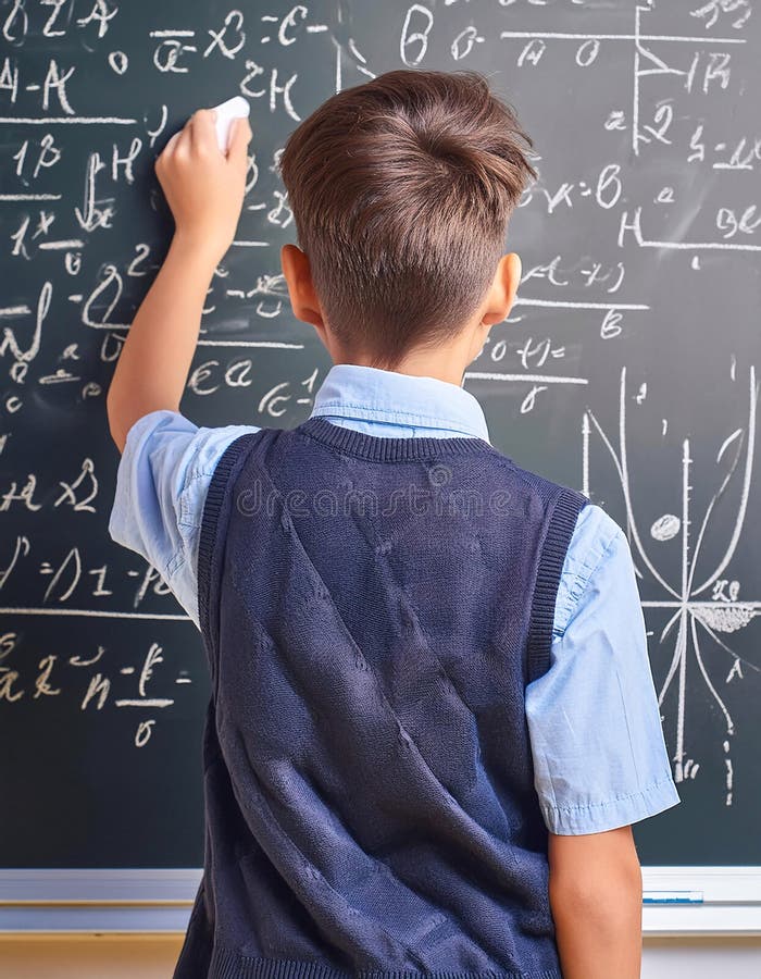 Young Boy Student in School, in Front of a Chalkboard Filled with ...
