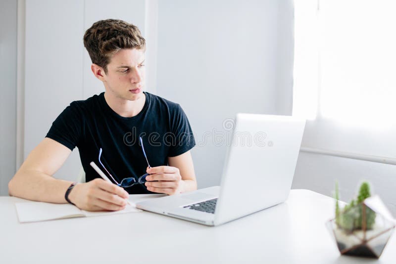 Young Boy Studying from Home with His Laptop during Confinement Stock ...