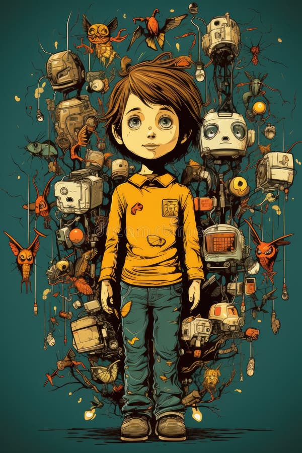 A Young Boy Surrounded by Robots. Generative AI Image. Stock ...