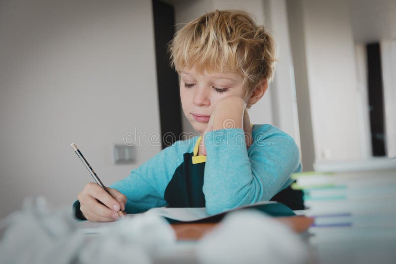 Young Boy Tired Stressed of Writing, Doing Homework Stock Photo - Image ...