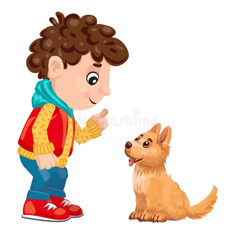 Young Boy Training His Puppy Dog Pointing with Finger Stock ...