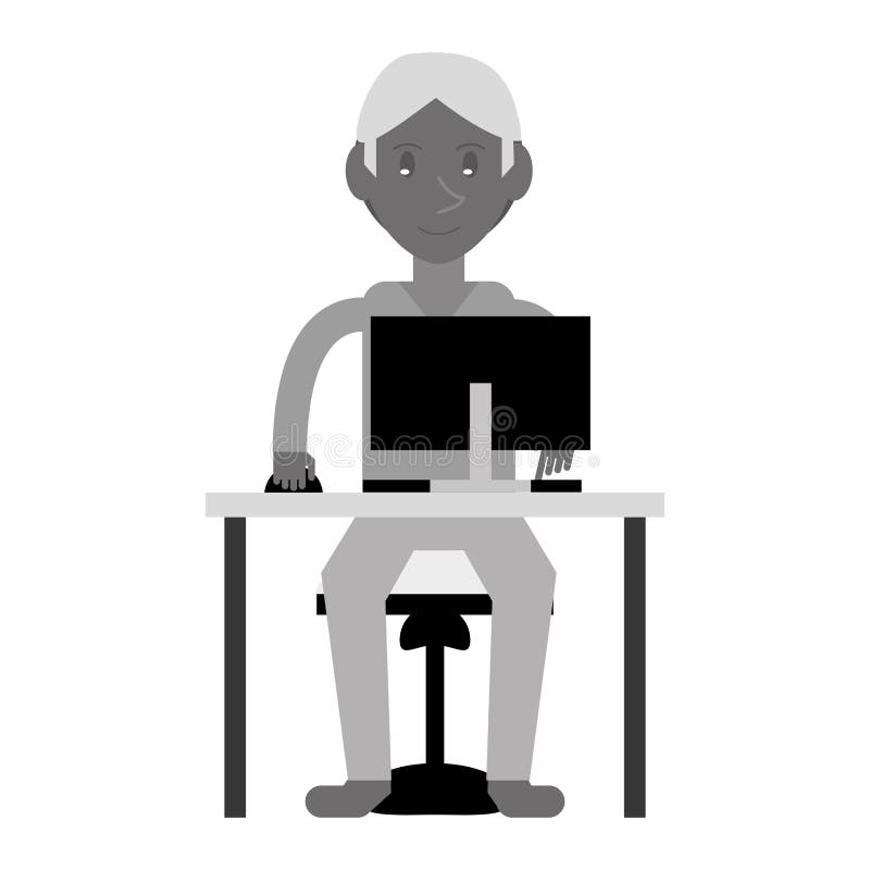 Young Boy Uses Computer Desk Chair Design Monochromatic Stock Vector ...