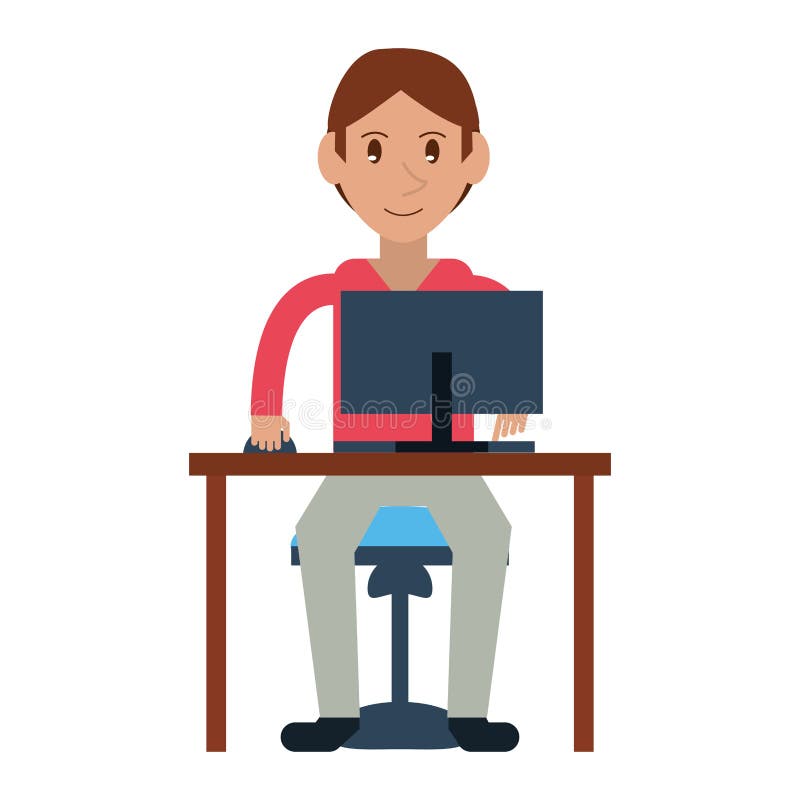 Young Boy Uses Computer Desk Chair Design Stock Vector - Illustration ...
