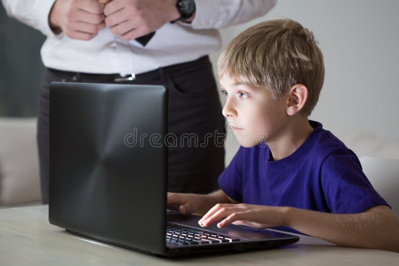 Young Boy Using Father S Computer Stock Photo - Image of bring, house ...