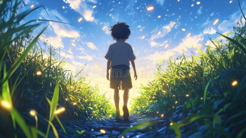 Boy Walking Firefly Path Summer Evening Anime Landscape Stock ...