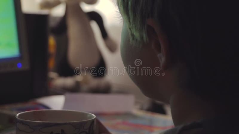 Young Boy Watching Cartoons in a Dark Room on a Computer Stock Footage ...