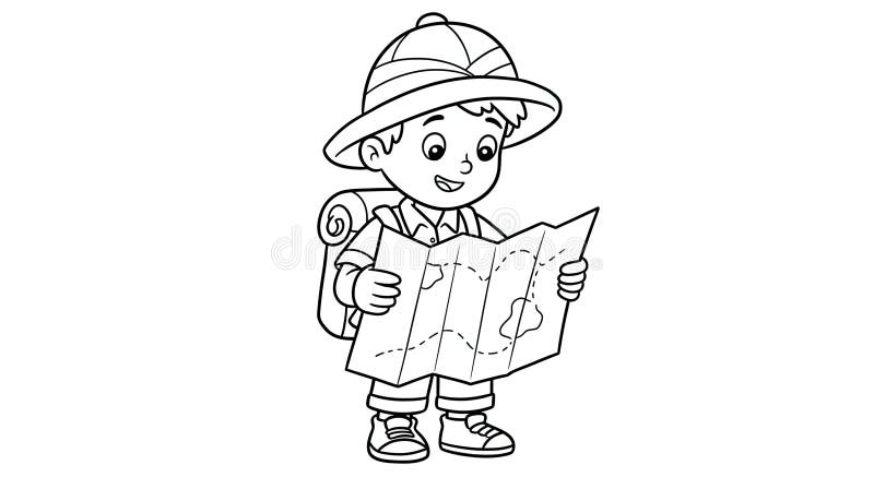 Coloring Page of a Boy Explorer Looking at a Simple, Folded Map Stock ...
