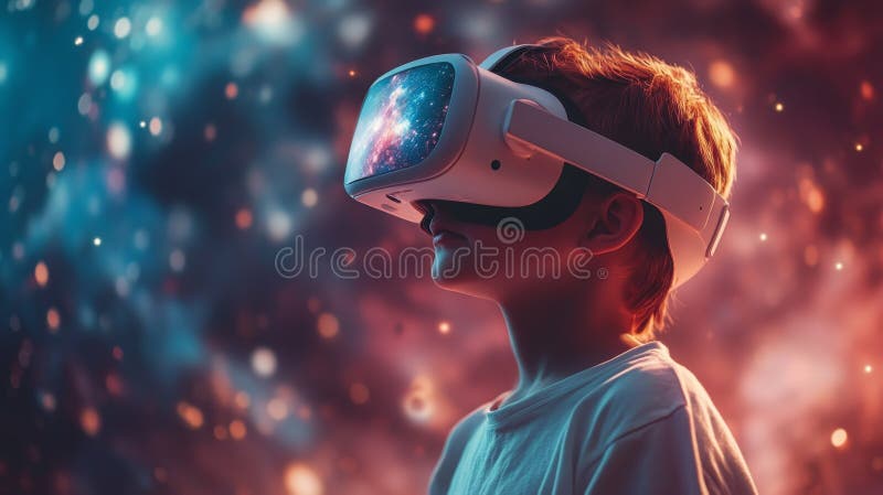 Boy Wearing VR Headset Experiencing Virtual Reality with Galaxy View ...