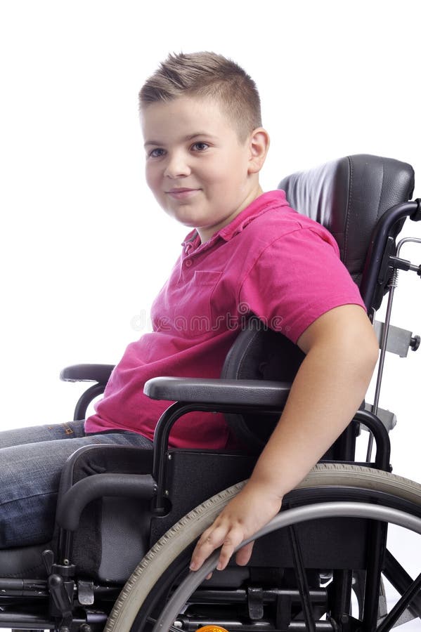 Disabled Little Boy in Wheelchair Out on Pier by Lake Stock Photo ...