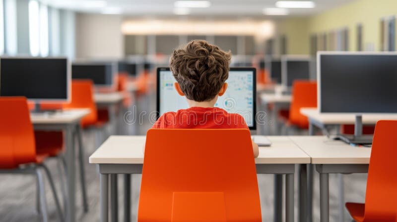 Young Boy Working on Computer in Modern Classroom Setting Generated by ...