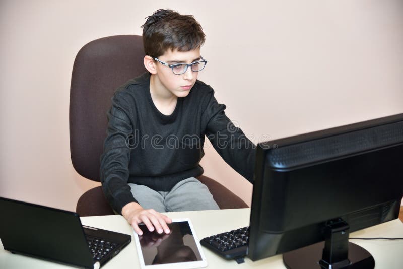 Young Boy Working on the Computers Stock Photo - Image of lifestyle ...