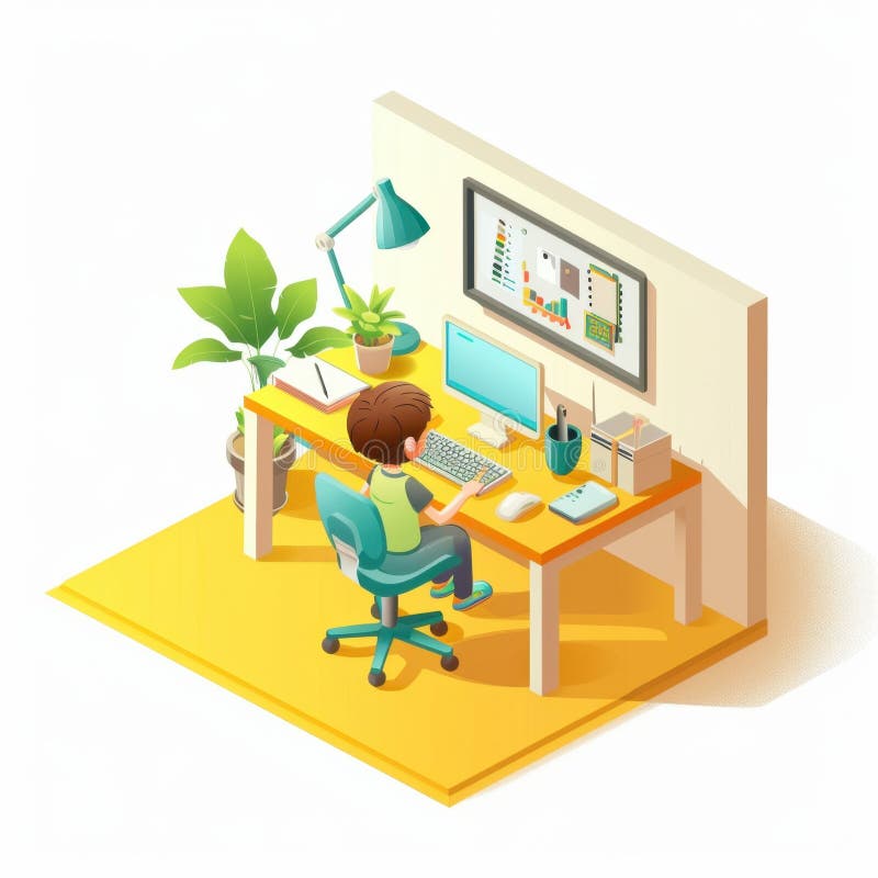 Young Boy Working at a Desk with Plants and a Computer Stock Photo ...