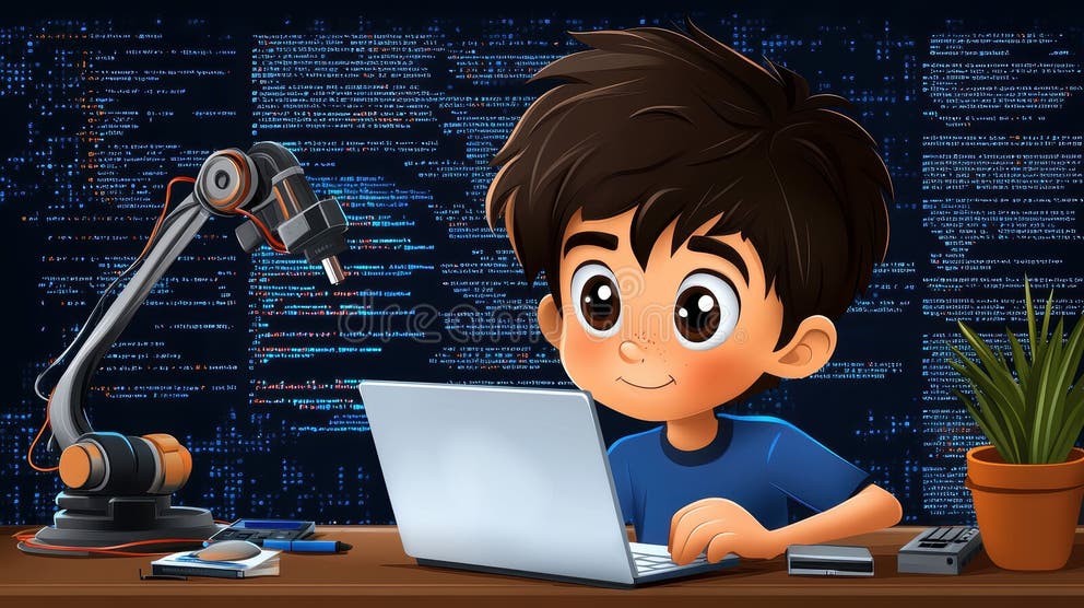 Young Boy Working on Laptop with Technology Tools and Digital Coding ...