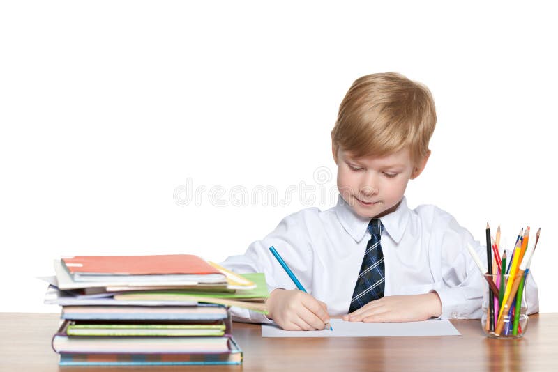 Two Children Write at the Desk Stock Image - Image of child, adorable ...