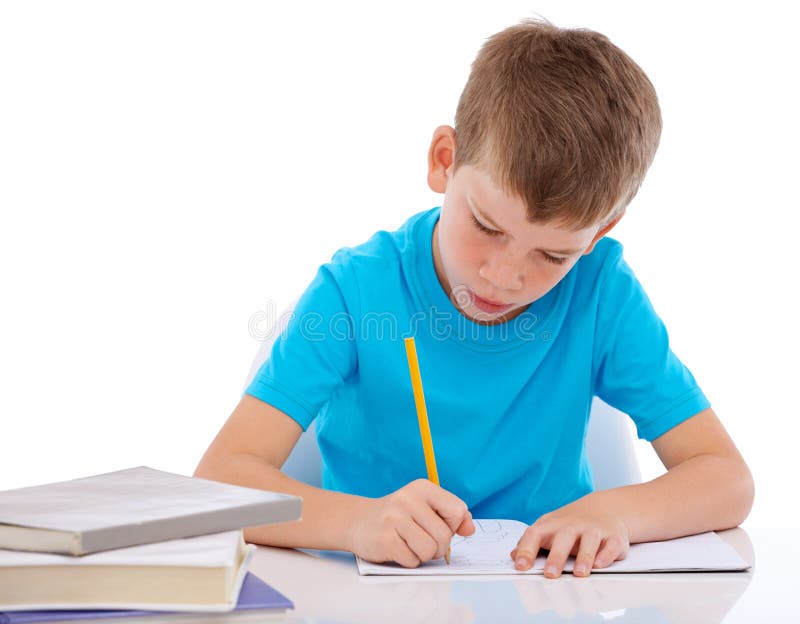 Young Boy, Writing and Learning Homework at Desk for School, Education ...