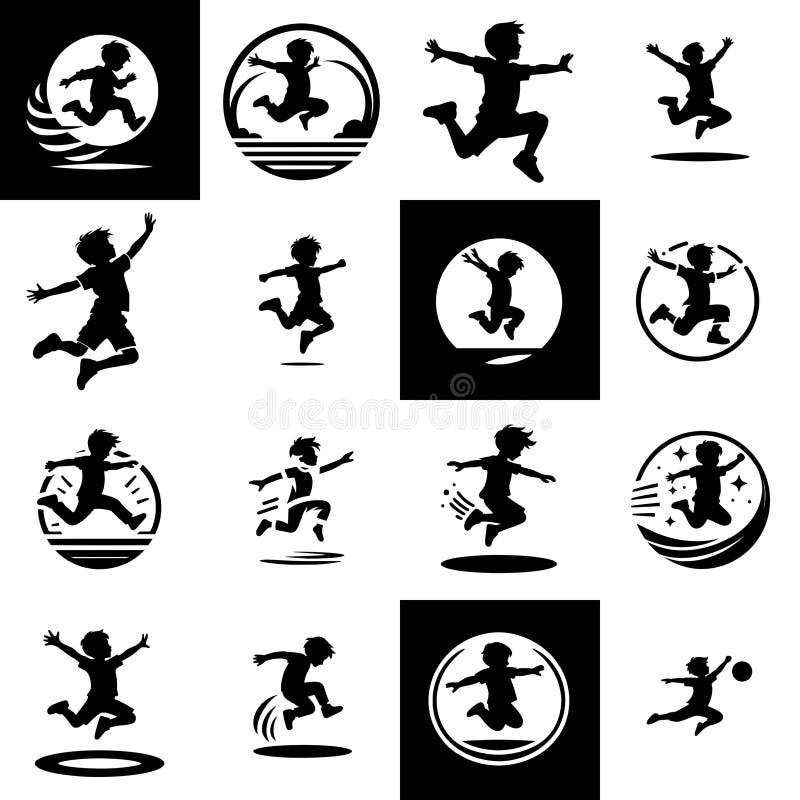 Young Boys Jump for Joy Silhouette Vector Graphic Illustration on White ...