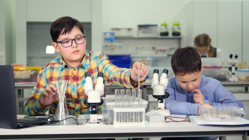 Young Boys Making Chemistry, Biology Experiments in School Laboratory ...