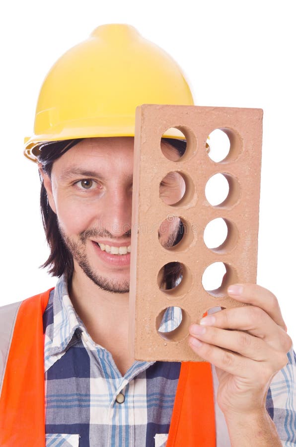 Young Bricklayer with Brick Isolated on White Stock Photo - Image of ...