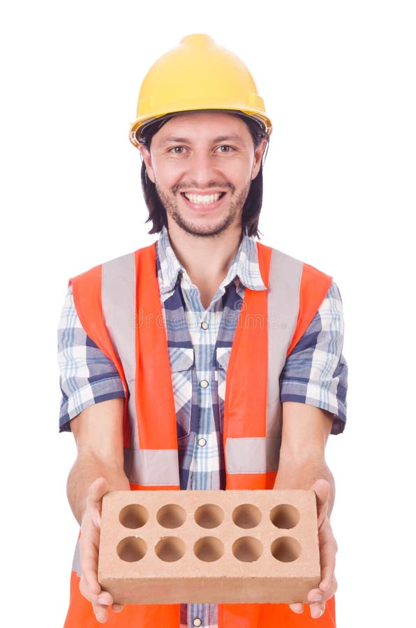 Young Bricklayer with Brick Isolated on White Stock Image - Image of ...