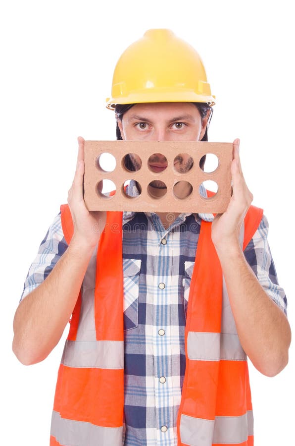 Young Bricklayer with Brick Isolated on White Stock Photo - Image of ...