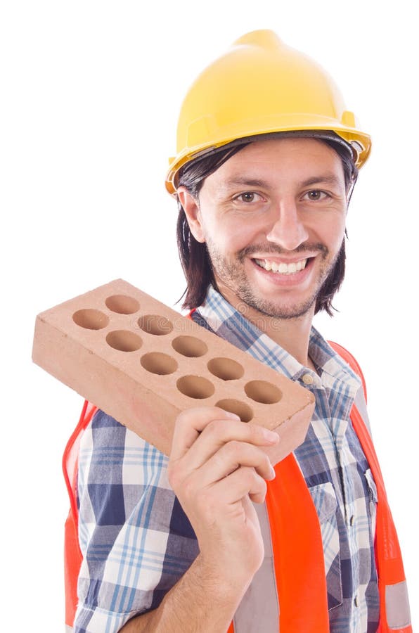 Young Bricklayer with Brick Isolated on White Stock Image - Image of ...