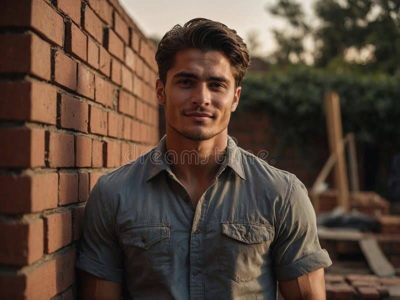 A Skilled Bricklayer Stands Confidently by a Wall, Showcasing His Work ...