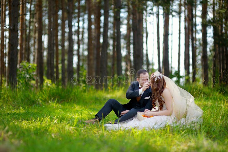 Young Bride and Groom Sitting on a Grass Stock Photo - Image of groom ...