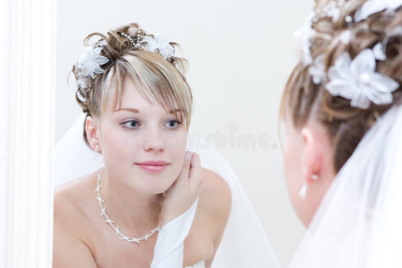 Young Bride Looks into a Big Mirror Stock Photo - Image of beauty ...