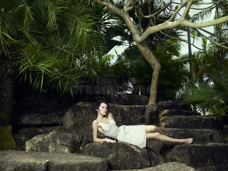 Young Brunette Beauty In A Tropical Forest Stock Image Image Of Palm