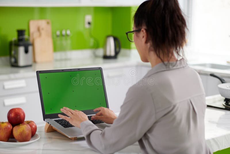 Young Brunette Female Freelancer Sitting in Front of Laptop with Green ...