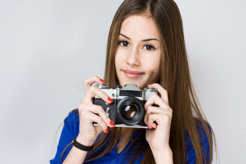 Young Brunette Girl Using Camera. Stock Photo - Image of happy, girl ...