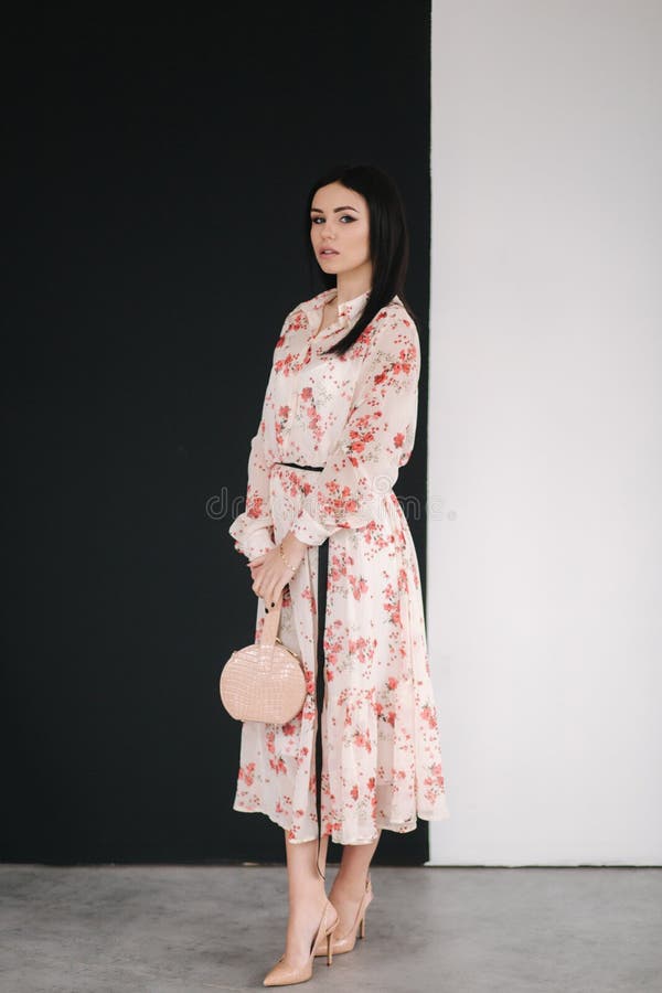 Young Brunette Model Demonstating Spring Clothes in Studio Stock Image ...