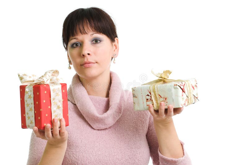 Young Brunette with Two Christmas Presents Stock Image - Image of face ...