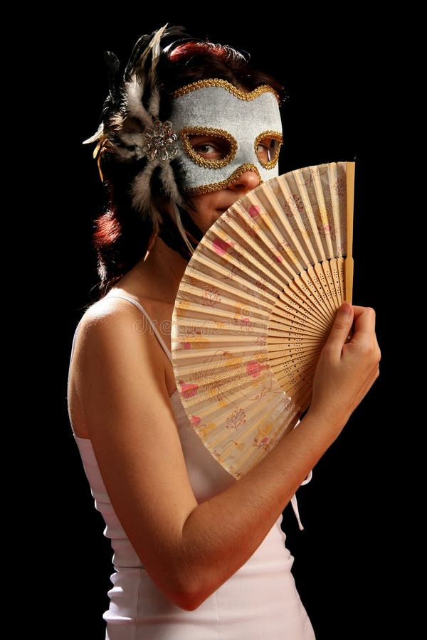 Young Brunette with Venetian Mask and Spanish Fan Stock Photo - Image ...