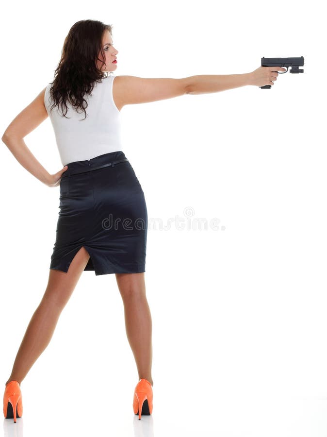Young Brunette Woman with Gun Isolated on White Stock Photo - Image of ...
