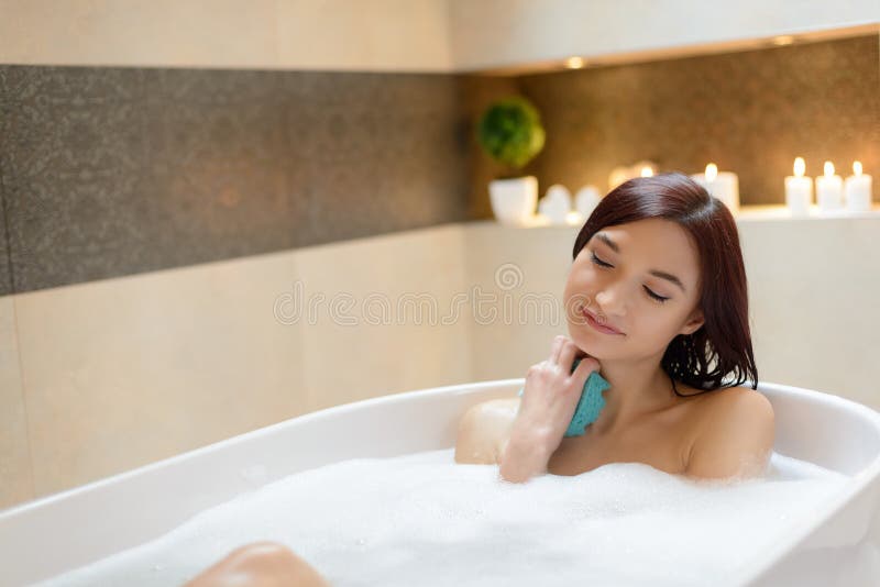 Young Brunette Woman Taking Bath Stock Image Image Of Moisturize