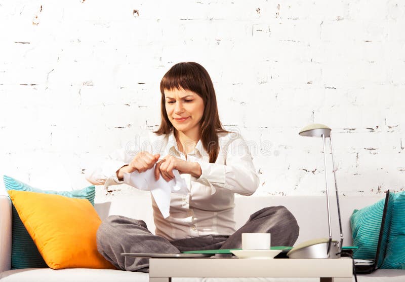 Young Brunette Woman Torning Papers Stock Image - Image of computer ...