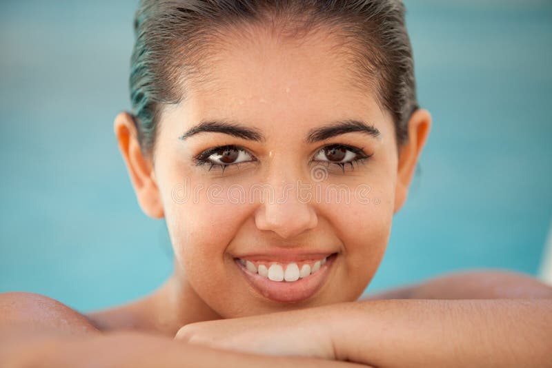 Young Brunette Woman Wet in the Pool Stock Photo - Image of relax, hair ...
