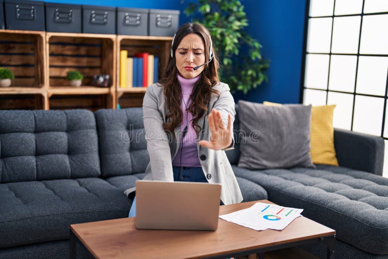 Young Brunette Woman Working Using Computer Laptop with Open Hand Doing ...