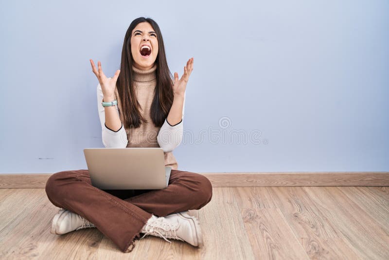 Young Brunette Woman Working Using Computer Laptop Sitting on the Floor ...