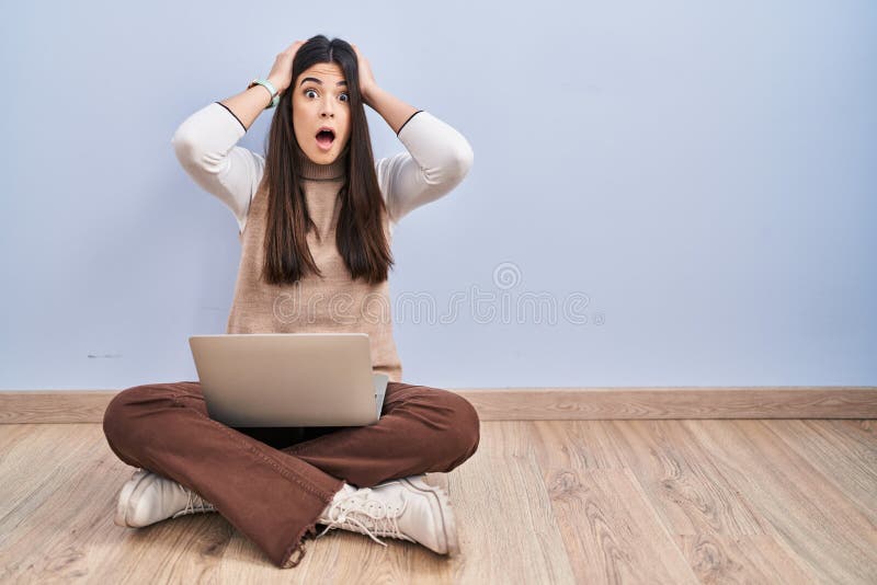 Young Brunette Woman Working Using Computer Laptop Sitting on the Floor ...