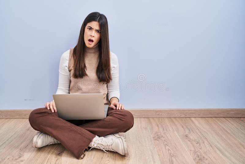 Young Brunette Woman Working Using Computer Laptop Sitting on the Floor ...
