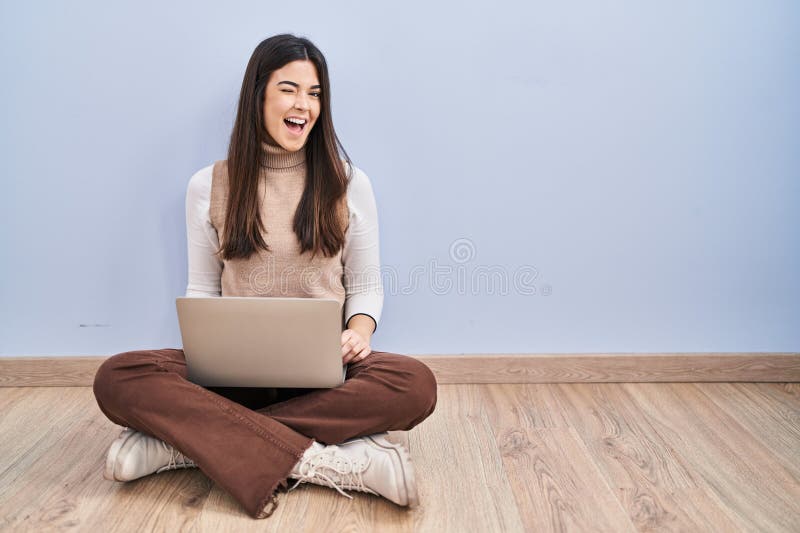 Young Brunette Woman Working Using Computer Laptop Sitting on the Floor ...