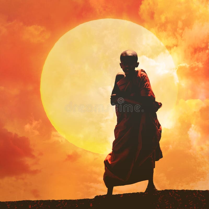 Young Buddhist Monk on Orange Sunset Stock Illustration - Illustration ...