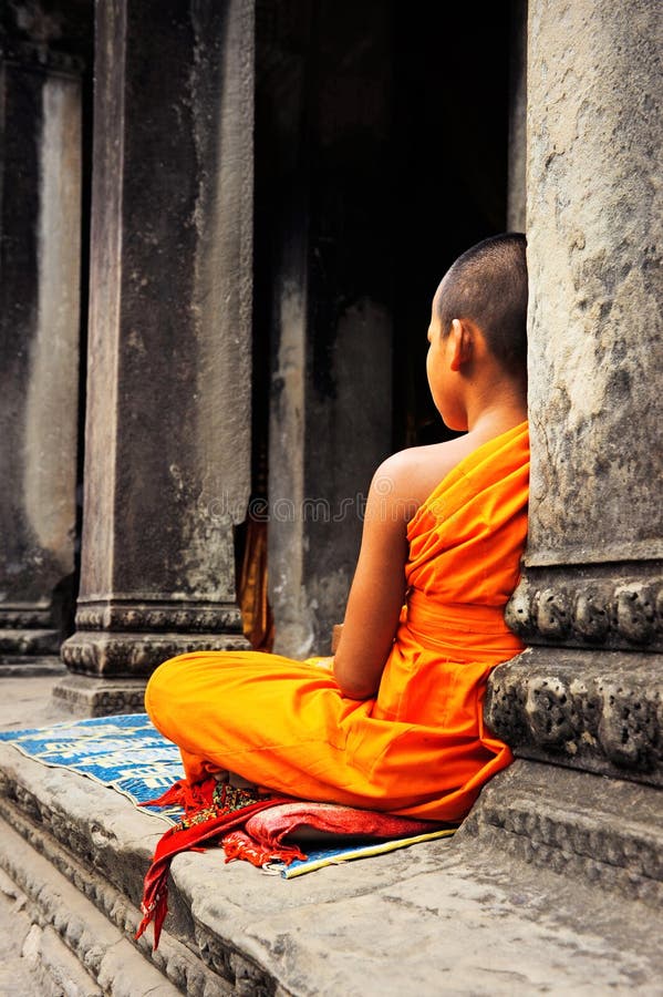 Young Buddhist Novice Monk Study Inside Monastery, Ayutthaya, Th ...