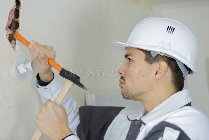Young Builder with Chisel and Hammer Stock Image - Image of occupation ...