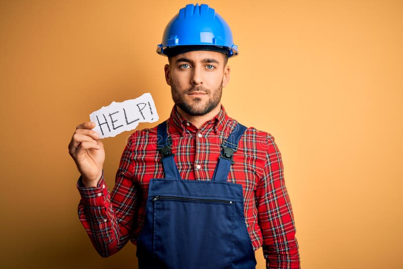 Young Builder Man Wearing Safety Helmet Offering Help and Support Over ...