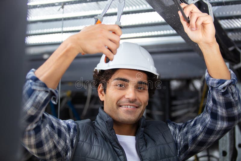 Builder Replacing Ceiling Panel, Working, Ceiling Armstrong Stock Photo ...