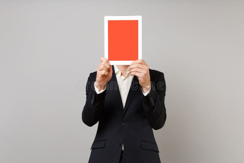 Young Business Man in Classic Suit Hiding and Covering Face with Tablet ...