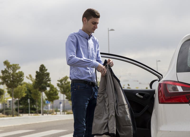 Young Business Man Getting Inside White Car Stock Image - Image of ...